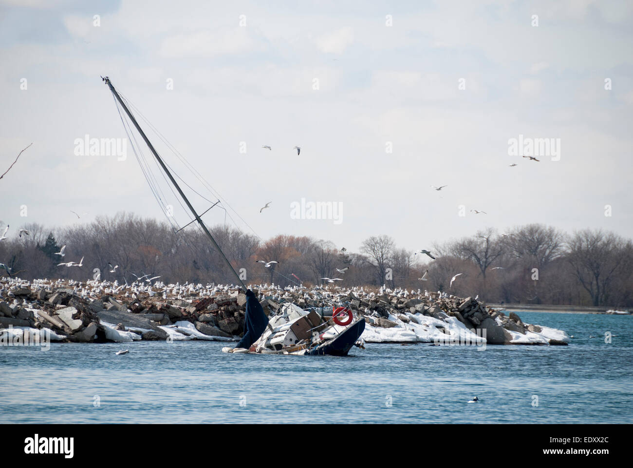 A recreational sailboat stranded on the rocks in Lake Ontario after ...