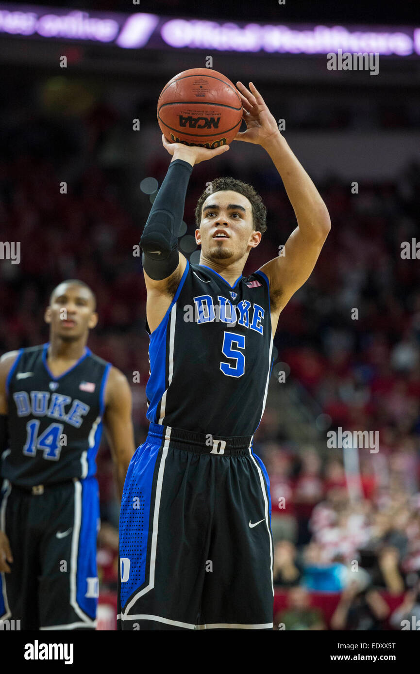 Raleigh, NC, USA. 11th Jan, 2015. Duke G Tyus Jones (5) during the NCAA ...