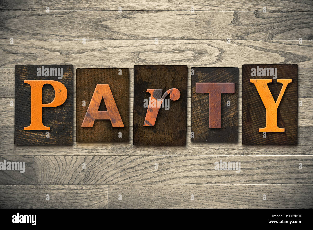 The word "PARTY" written in wooden letterpress type Stock Photo - Alamy