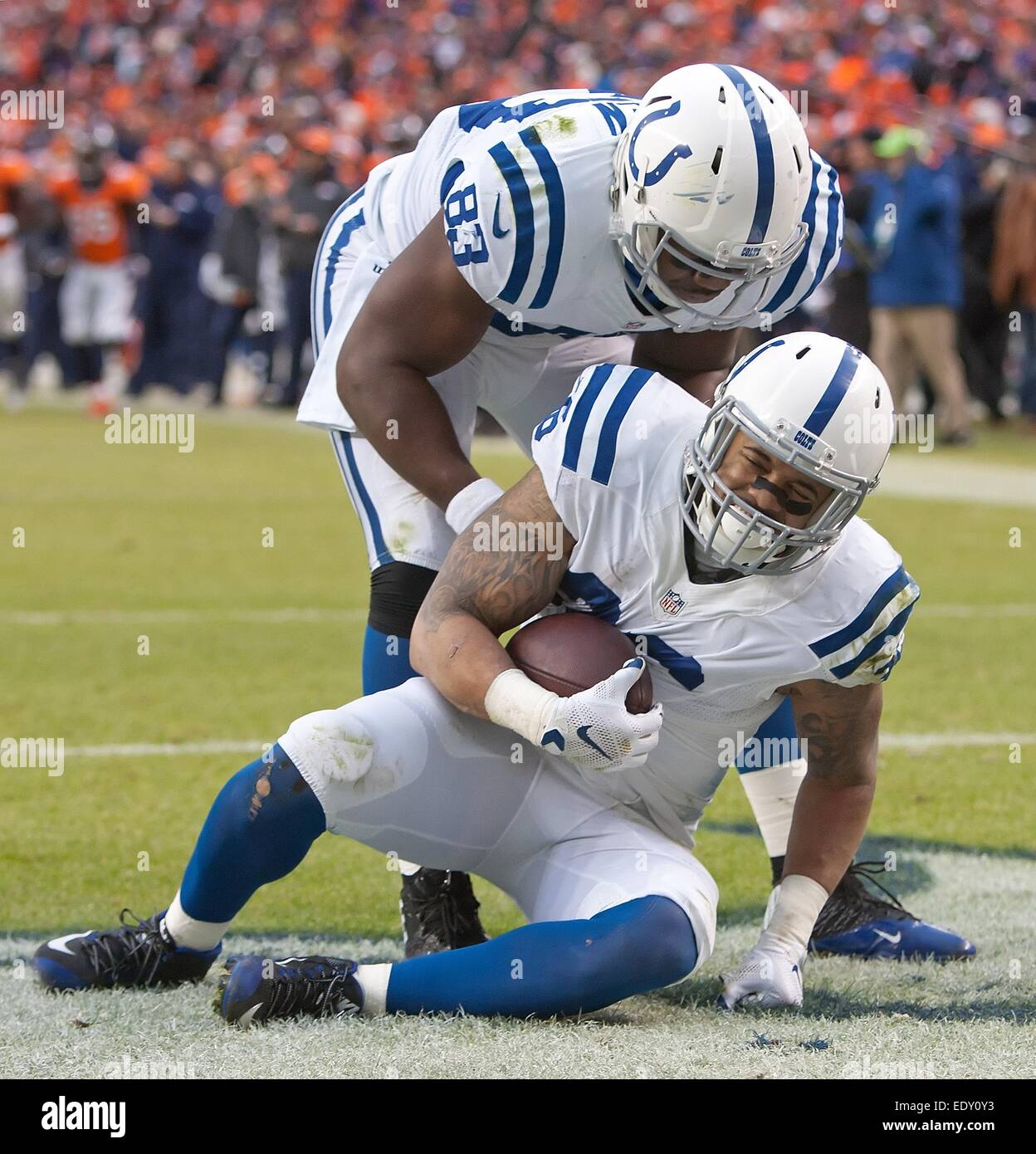 Denver, Colorado, USA. 11th Jan, 2015. Colts RB DANIEL HERRON, center ...