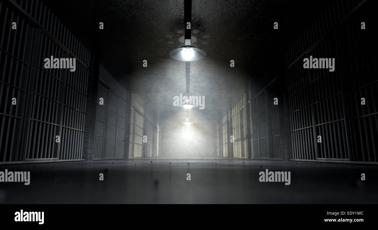 A concept image of an eerie corridor in a prison at night showing jail ...