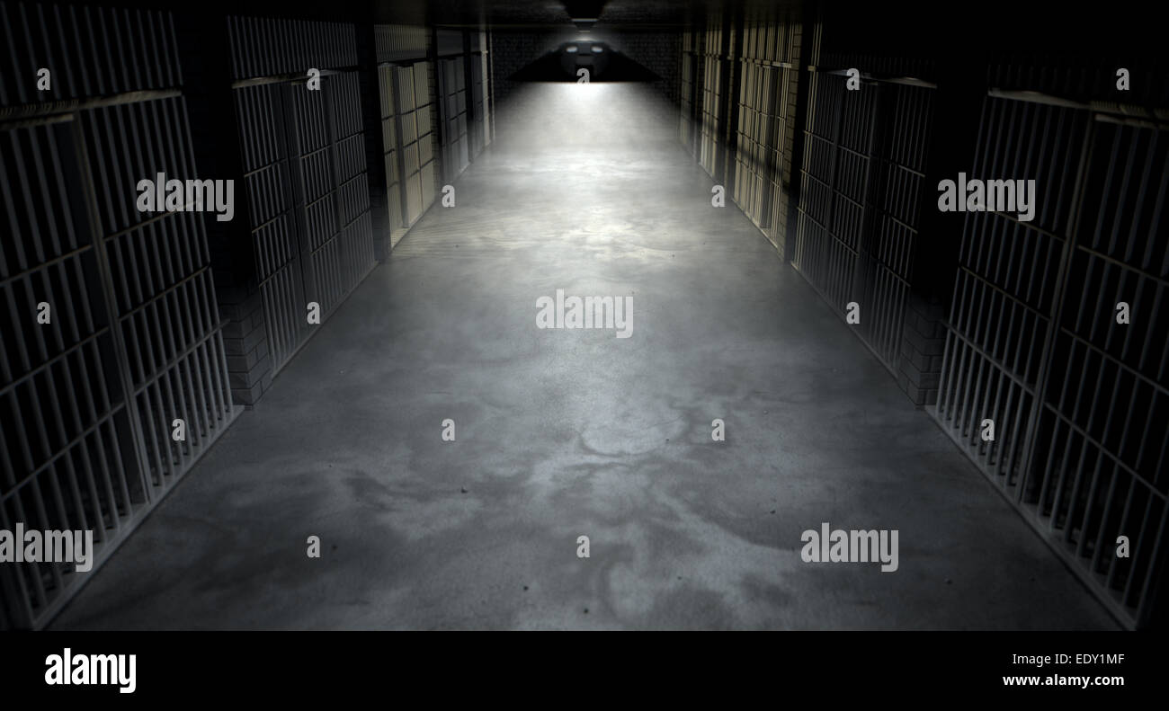 A concept image of an eerie corridor in a prison at night showing jail ...