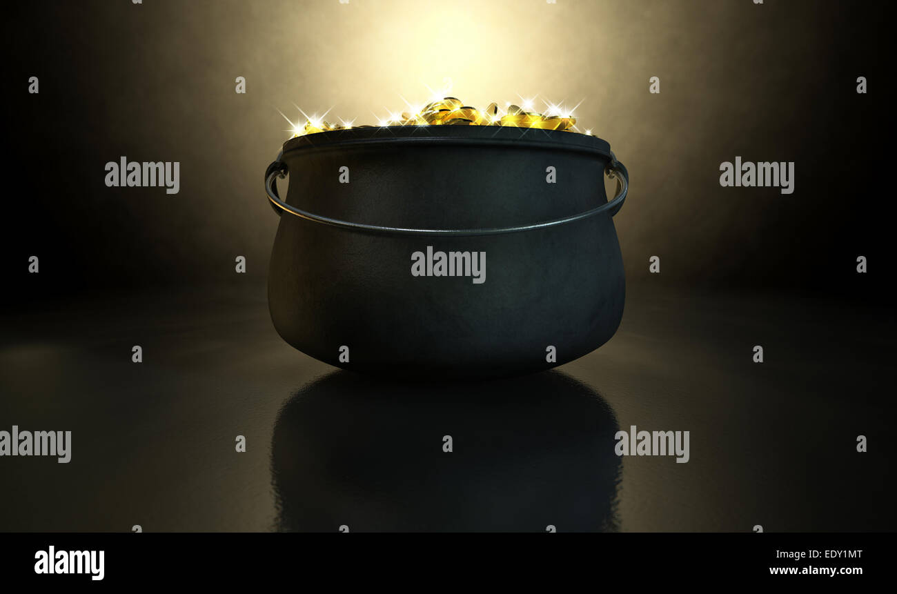 A cast iron pot filled with gold coins and magical sparkles on a dark ...