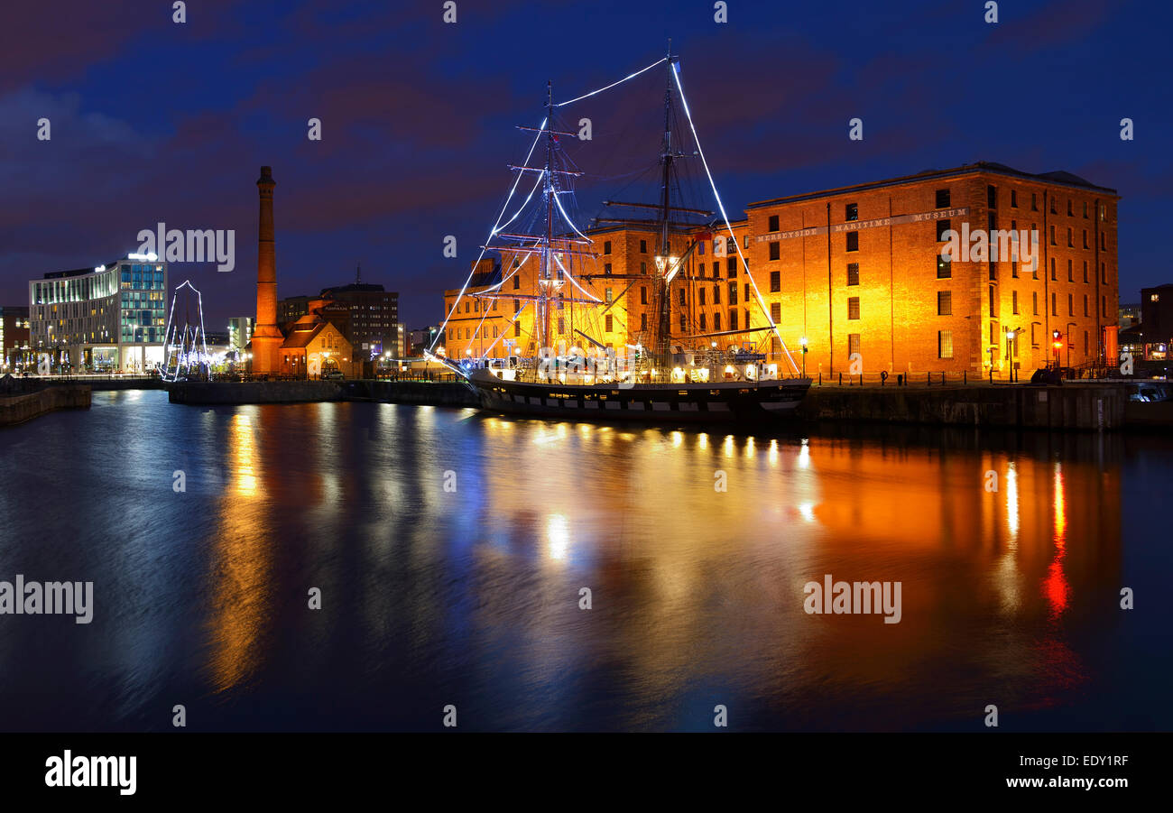 Merseyside Maritime Museum situated at Albert Dock illuminated at night ...