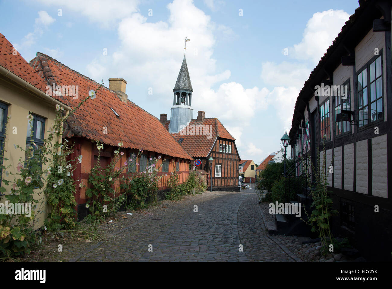 A long cobbled stone street lined with Danish traditional cottages on ...