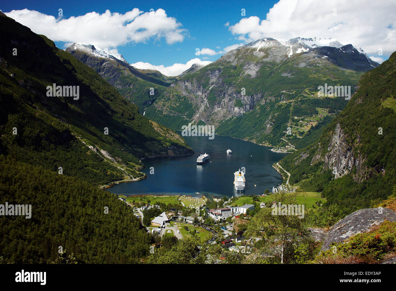 Geiranger village view from the Flydalsjuvet in Norway Stock Photo - Alamy