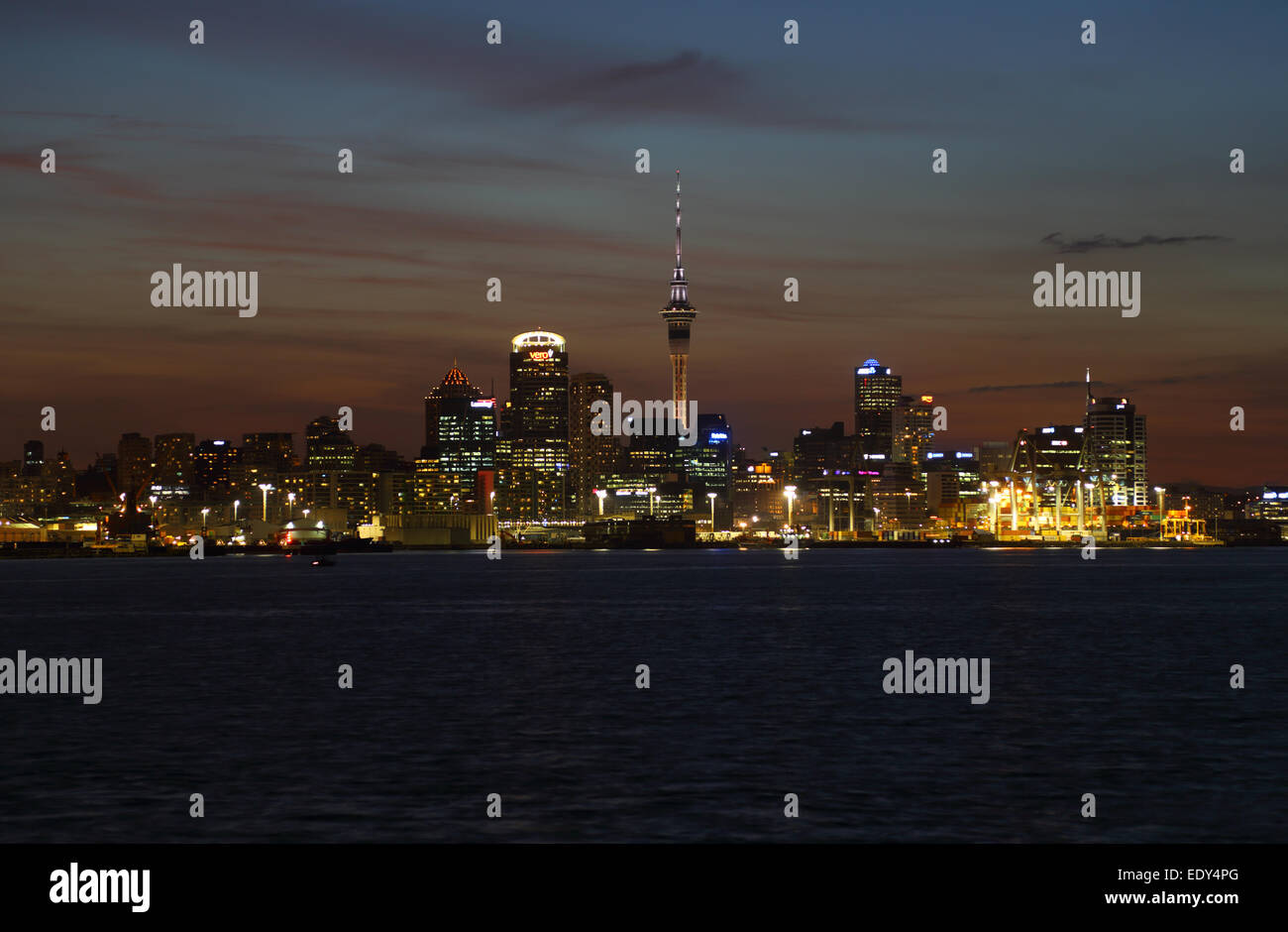 Auckland Skyline at night from Devenport, North Island, New Zealand ...
