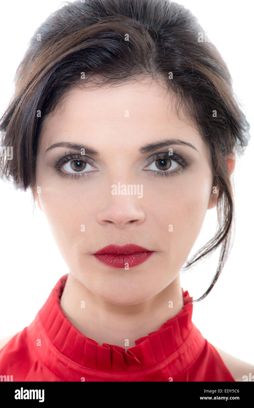 one beautiful serious woman portrait in studio isolated on white ...