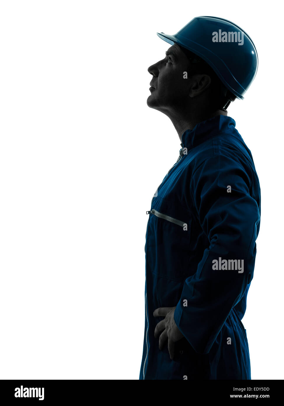 one man construction worker silhouette portrait in studio on white ...