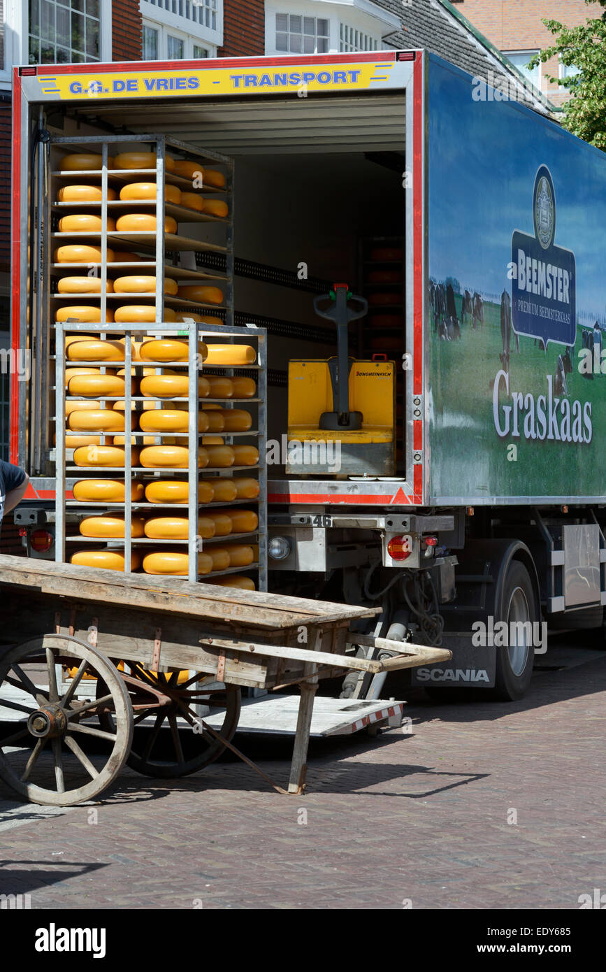 Cheese wheels being loaded into a lorry, Waagplein Square, Alkmaar ...
