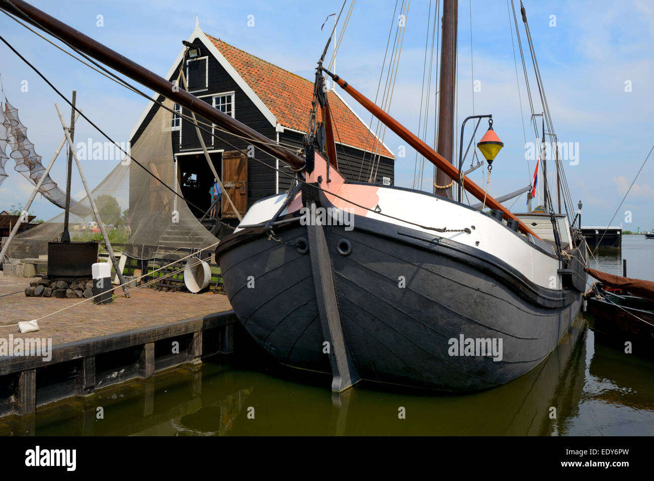 Old Dutch boat in the harbour, Zuiderzee open air museum, Lake Ijssel ...