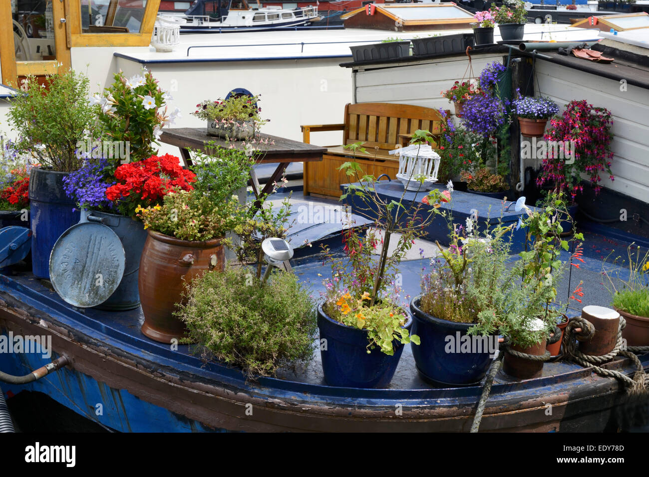 Floral display on a boat moored on a canal, Rokin, Amsterdam, North ...