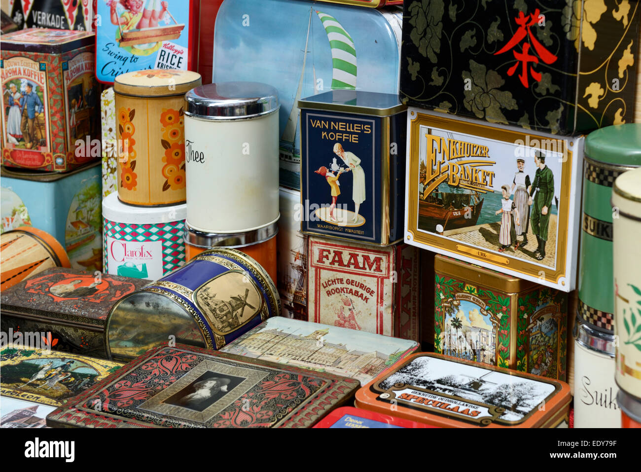 Selection of old tin containers on Waterlooplein Flea Market ...