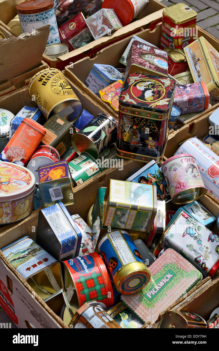 Selection of old tin containers on Waterlooplein Flea Market ...