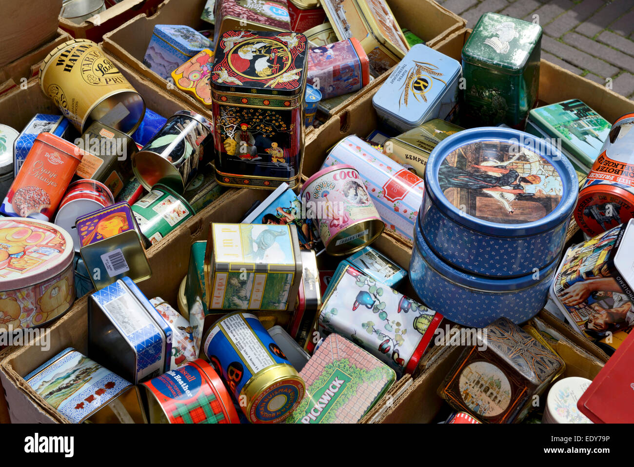 Selection of old tin containers on Waterlooplein Flea Market ...