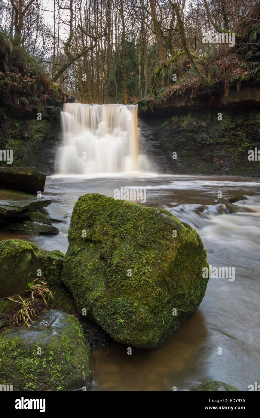 Water from stream flows over scenic Goit Stock Waterfall, surrounded by ...