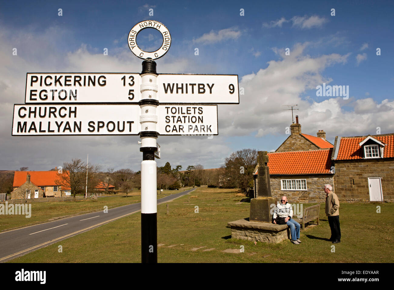 UK, England, Yorkshire, Goathland, road sign and War Memorial in centre ...