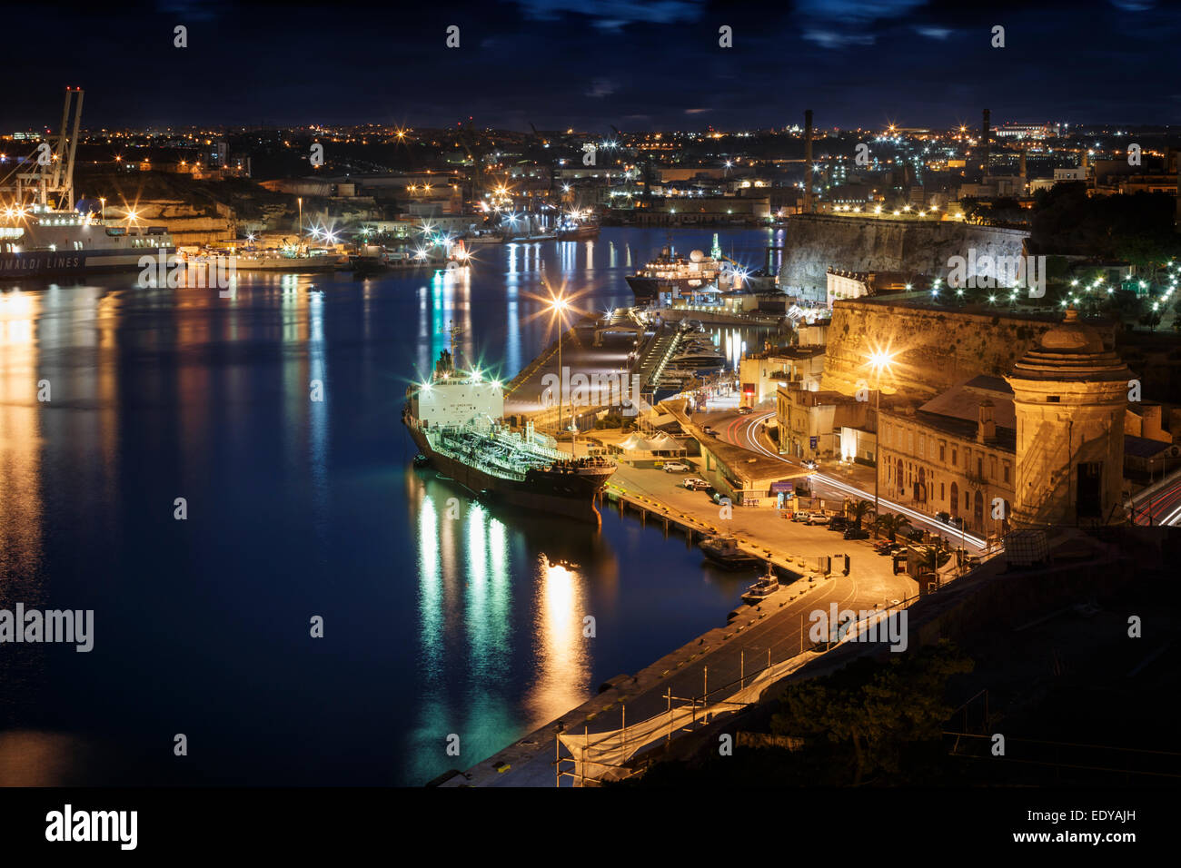 Grand Harbour and Waterfront of Valletta at night, Malta Stock Photo ...