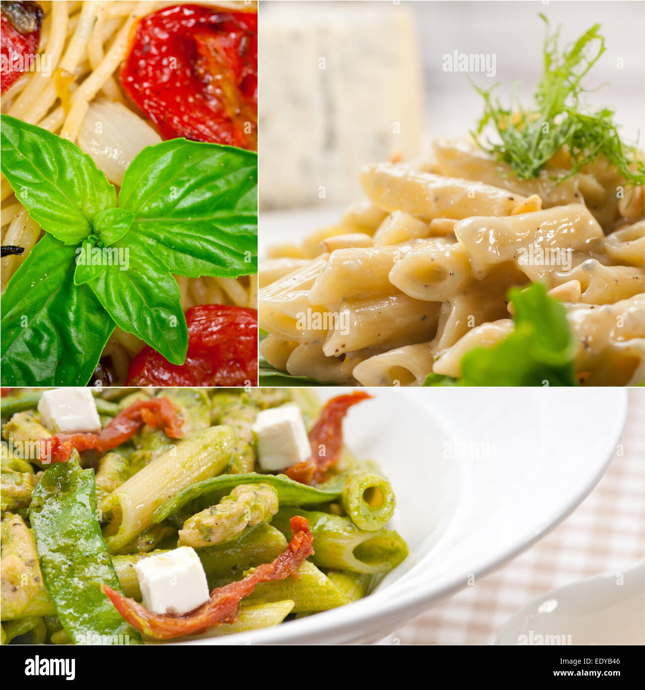 collection of different type of Italian pasta on collage white frame ...