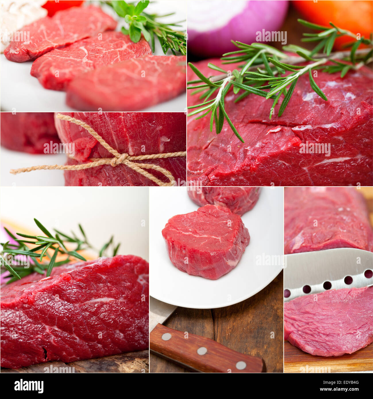 collection of different raw beef cuts collage white frame Stock Photo ...