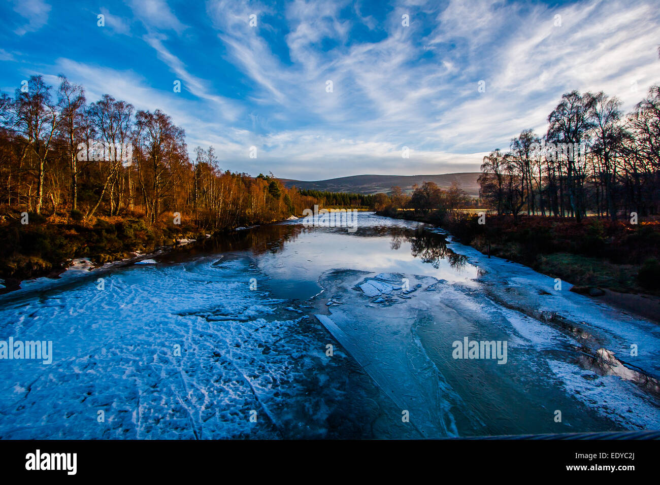 Looking down the frozen River Dee from the Cambus o' May Bridge, near ...