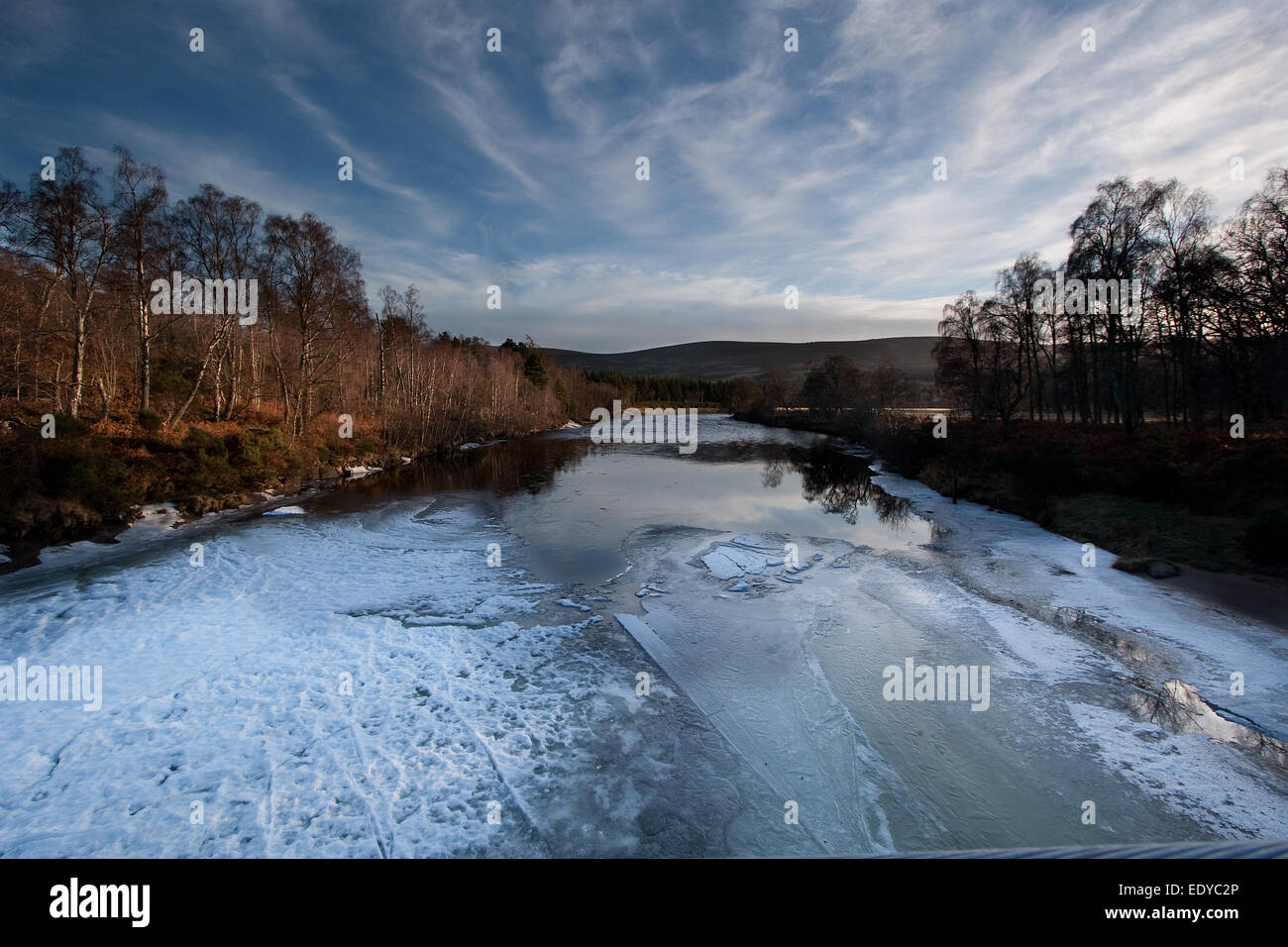 Looking down the frozen River Dee from the Cambus o' May Bridge, near ...