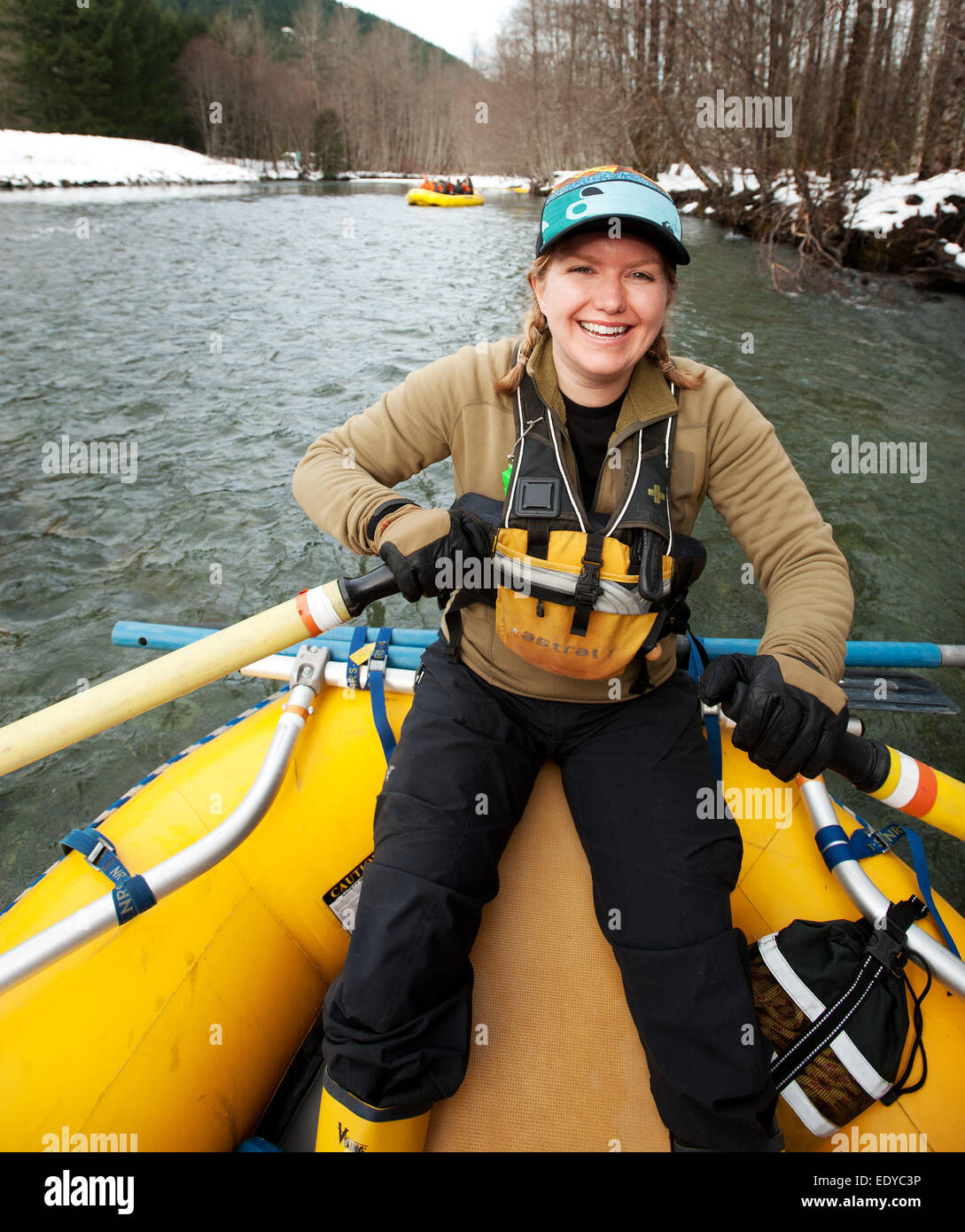 River guide Jill-Marie Bronson rows a river raft down the Cheakamus ...