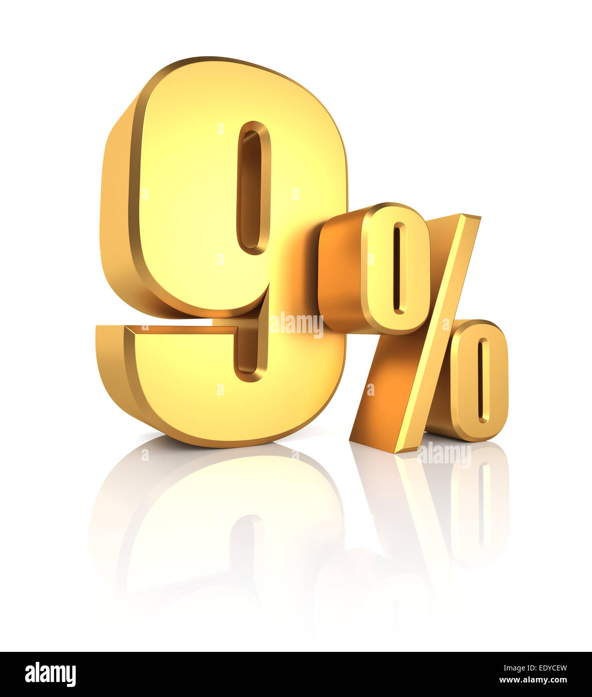 9 percent off. Gold metal letters on reflective floor. White background ...