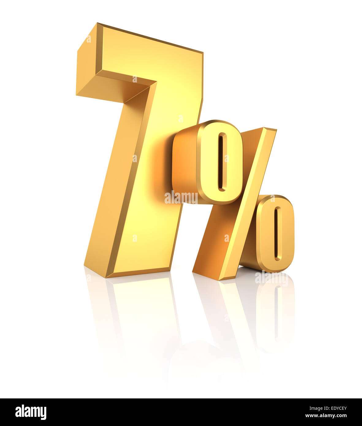 7 percent off. Gold metal letters on reflective floor. White background ...