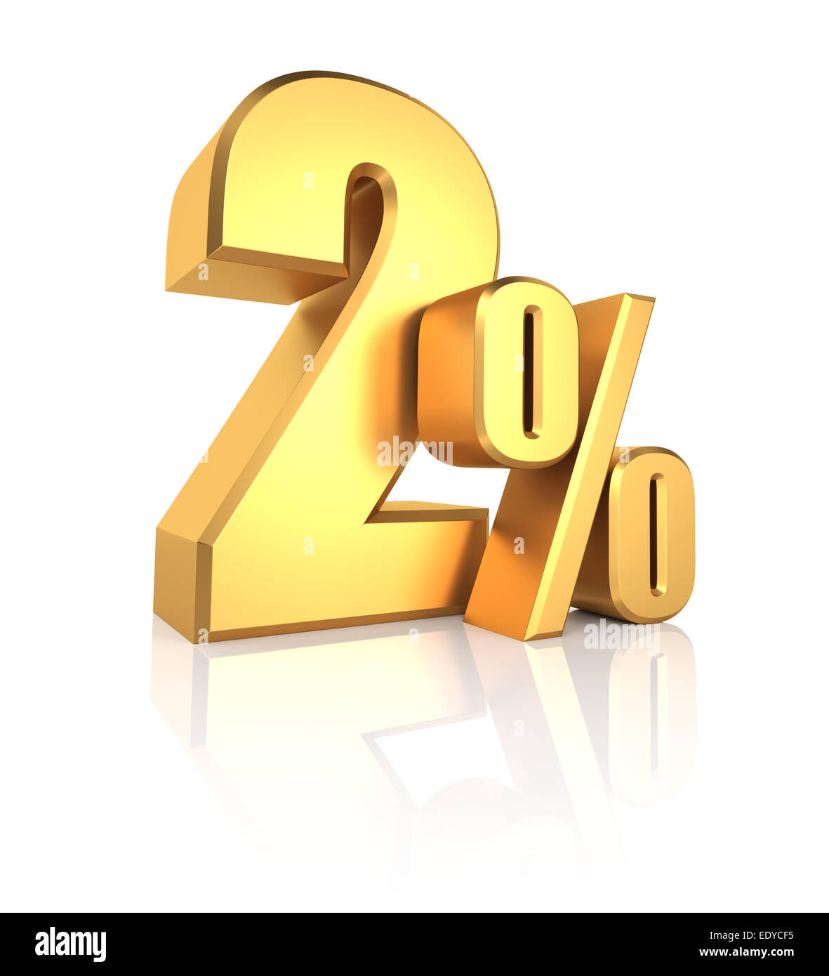 2 percent off. Gold metal letters on reflective floor. White background ...