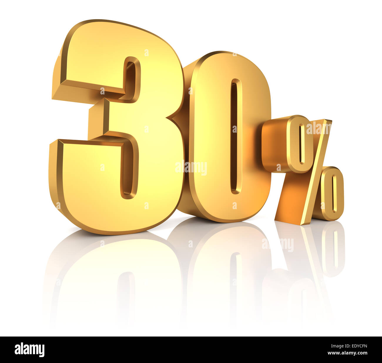3D rendering of 30 percent in gold metal letters on white background ...