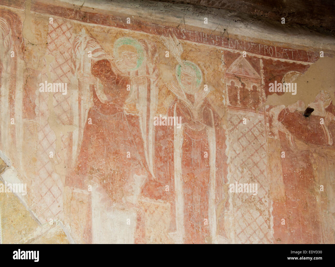 12th Century wall painting in Hardham Church (Saint Botolph) showing ...