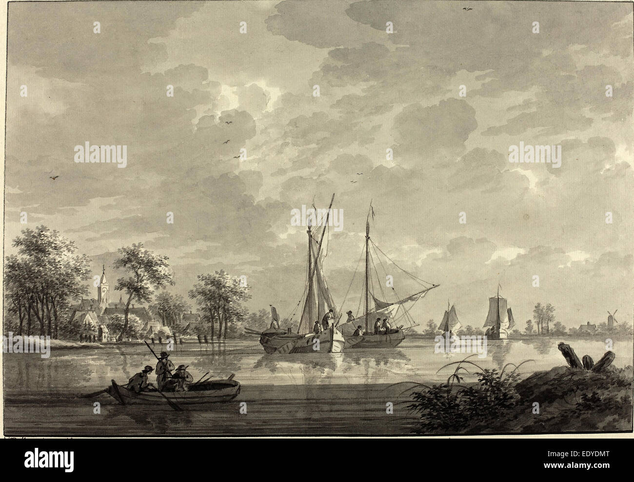 Nicolaas Wicart (Dutch, 1748 - 1815), Tull on the River Waal, gray wash ...