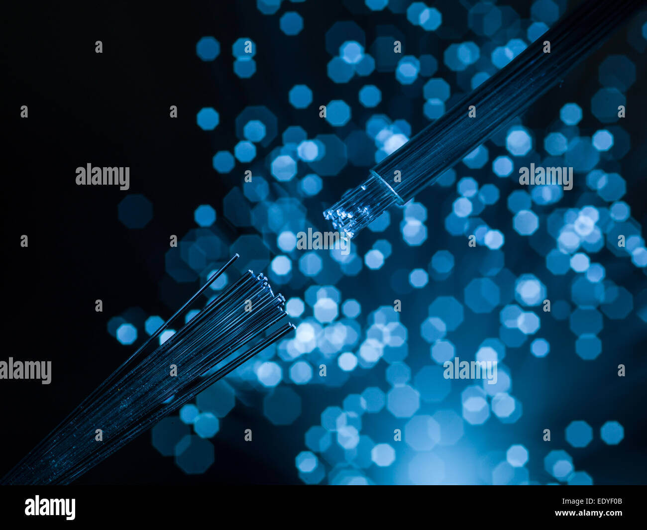 macro of two fiber optic threads connecting on defocused background ...