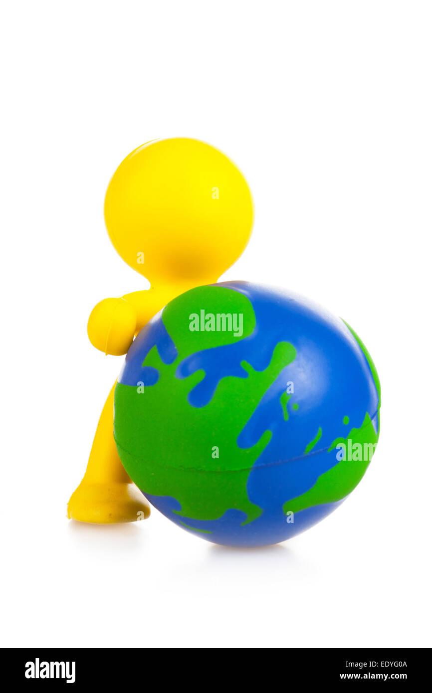 toy little man rolls forward globe. It is isolated, a white background ...
