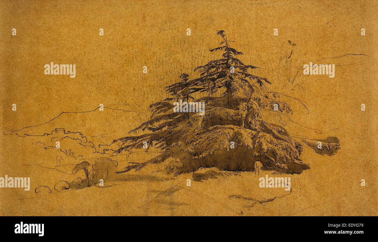 John Varley, Study of Trees in a Landscape, British, 1778 - 1842, pen ...