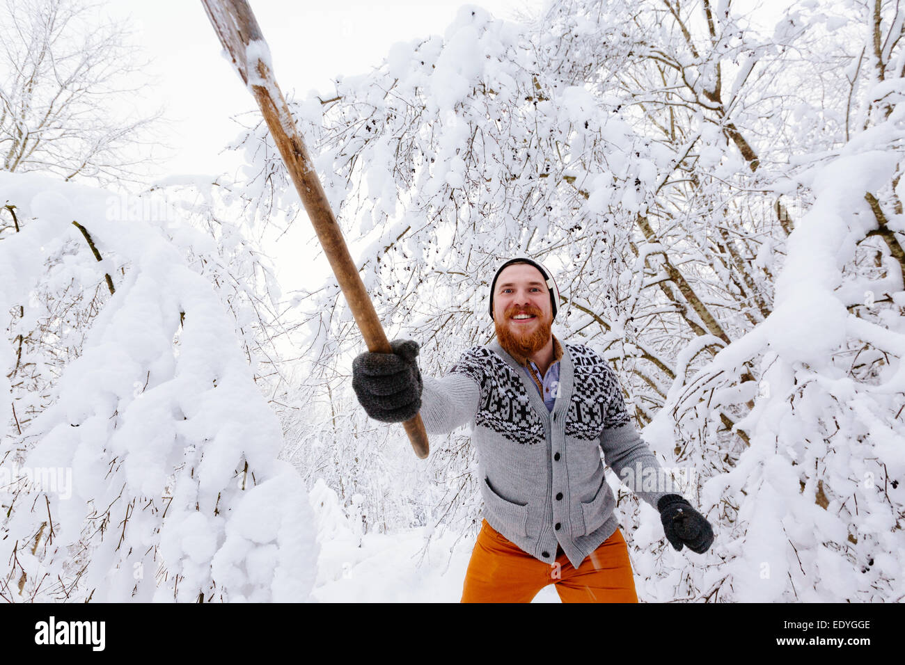 Lumberjack ax swings Stock Photo - Alamy