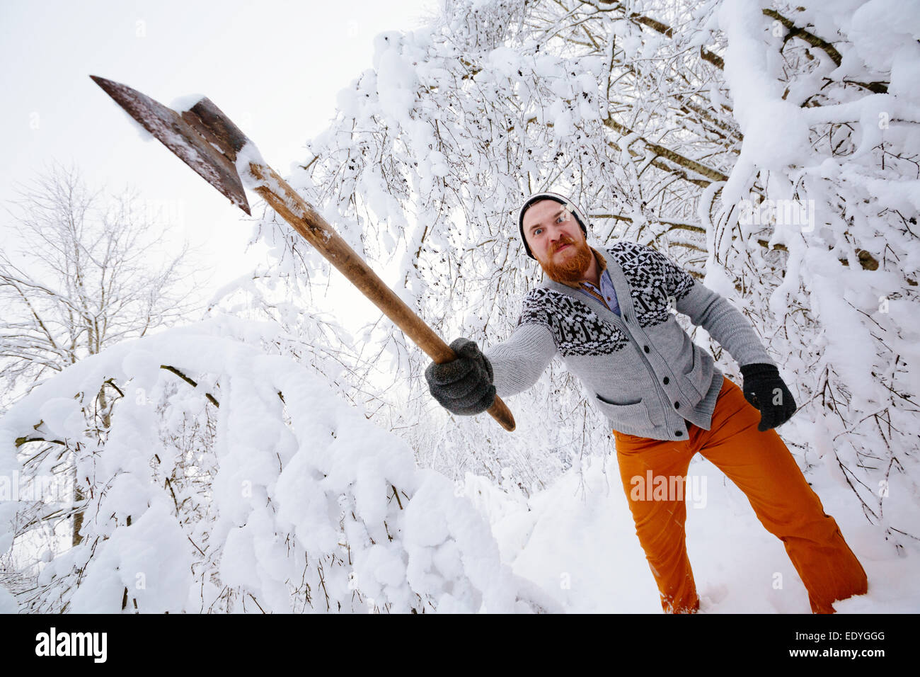 Lumberjack ax swings Stock Photo - Alamy