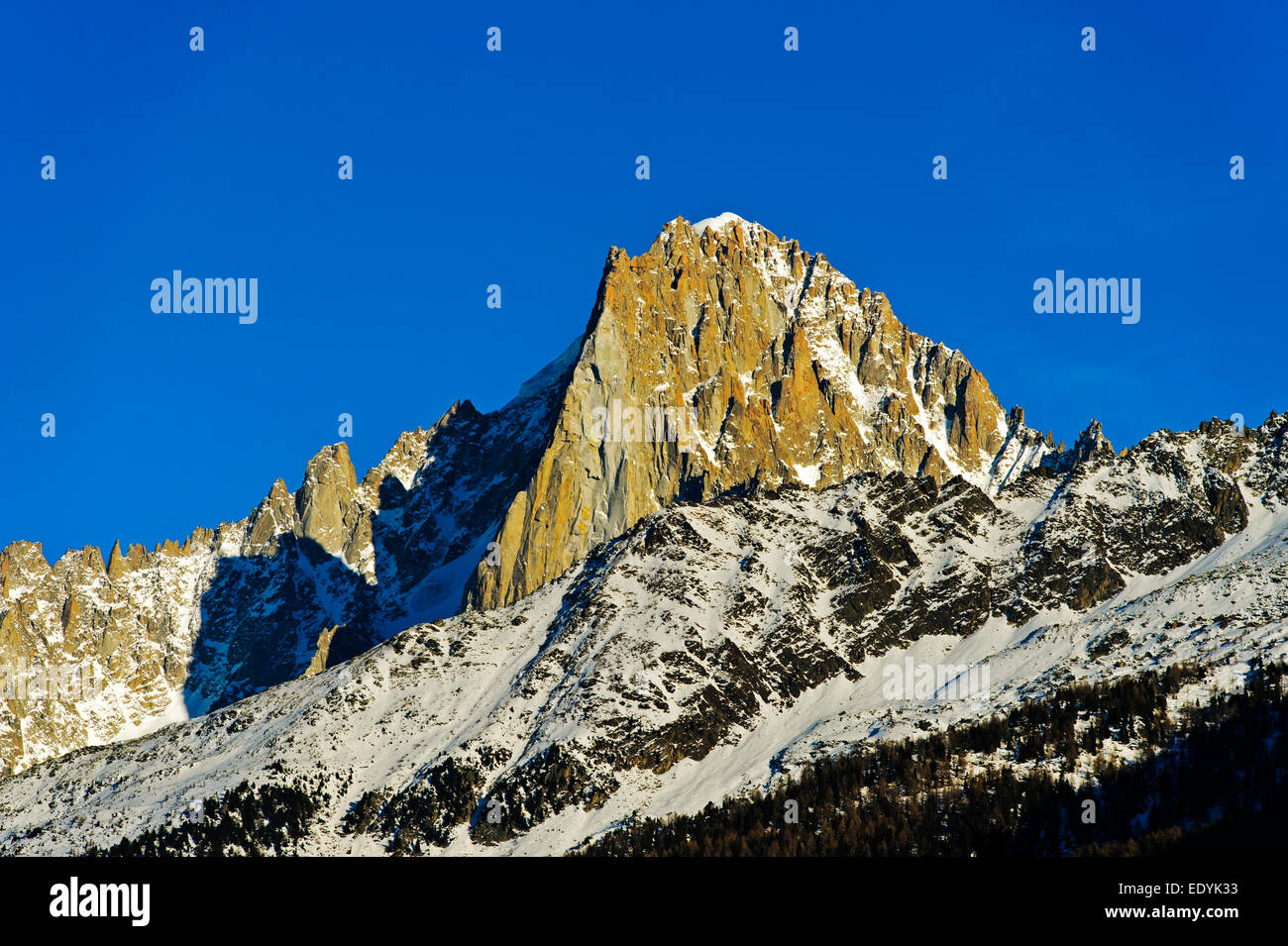 The summit of Mt Aiguille Verte in the evening light, Mont Blanc Massif ...