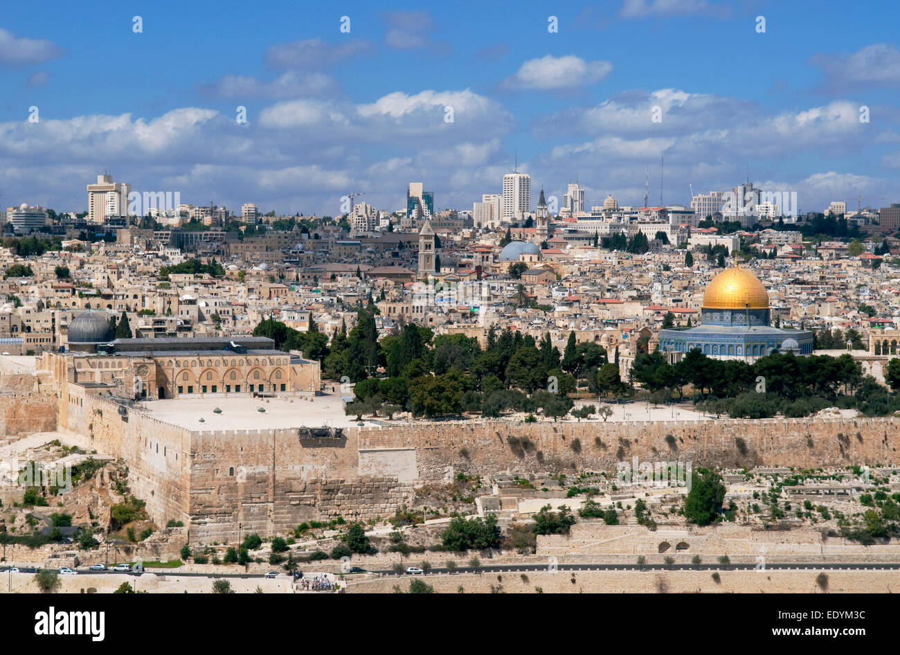 This is panorama of Jerusalem city. Photo contains ancient building ...