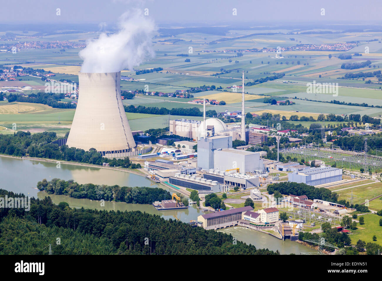Aerial view, EON nuclear power plants Isar I and Isar II with reactor ...