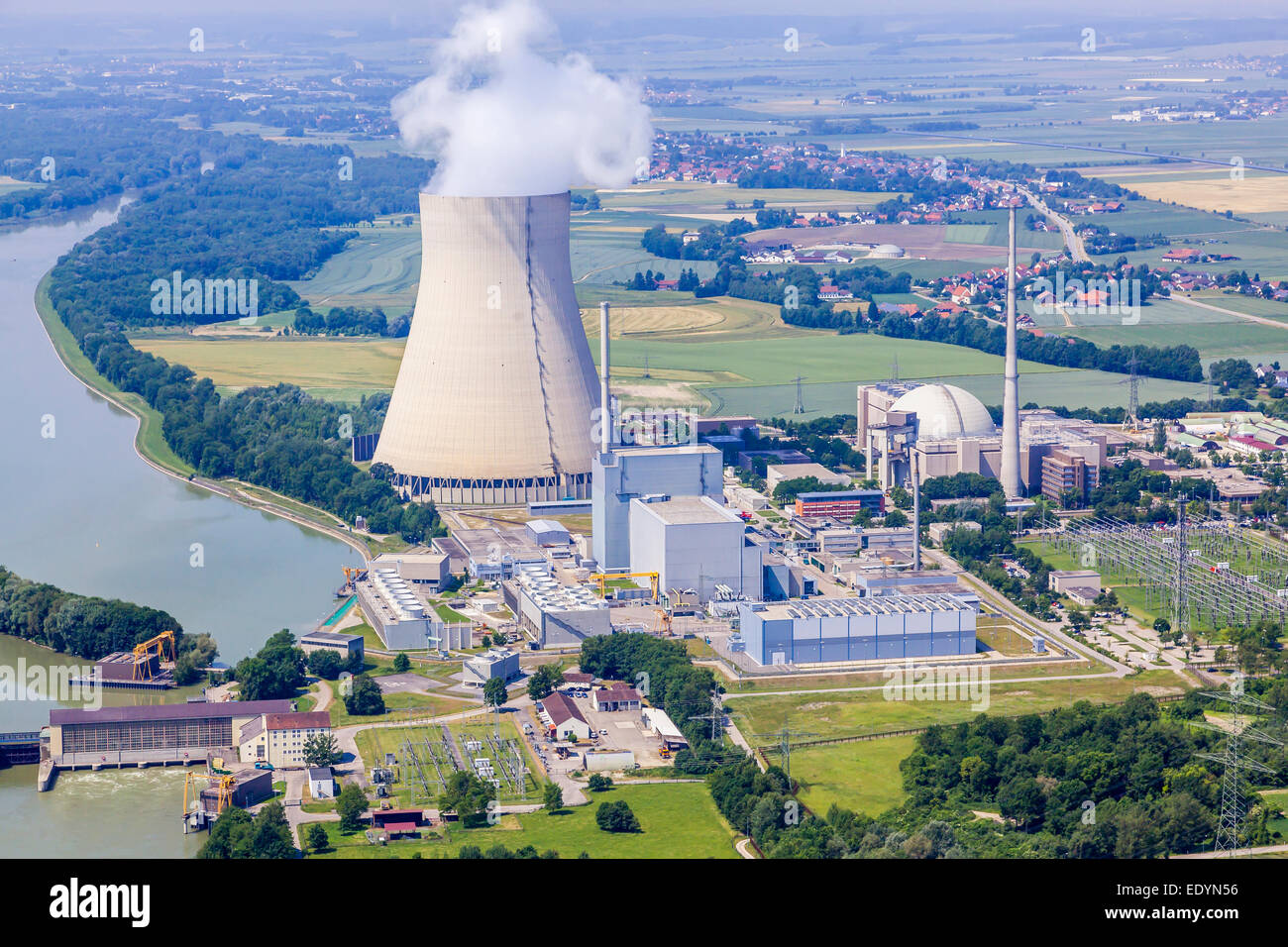 Aerial view, EON nuclear power plants Isar I and Isar II with reactor buildings and cooling ...