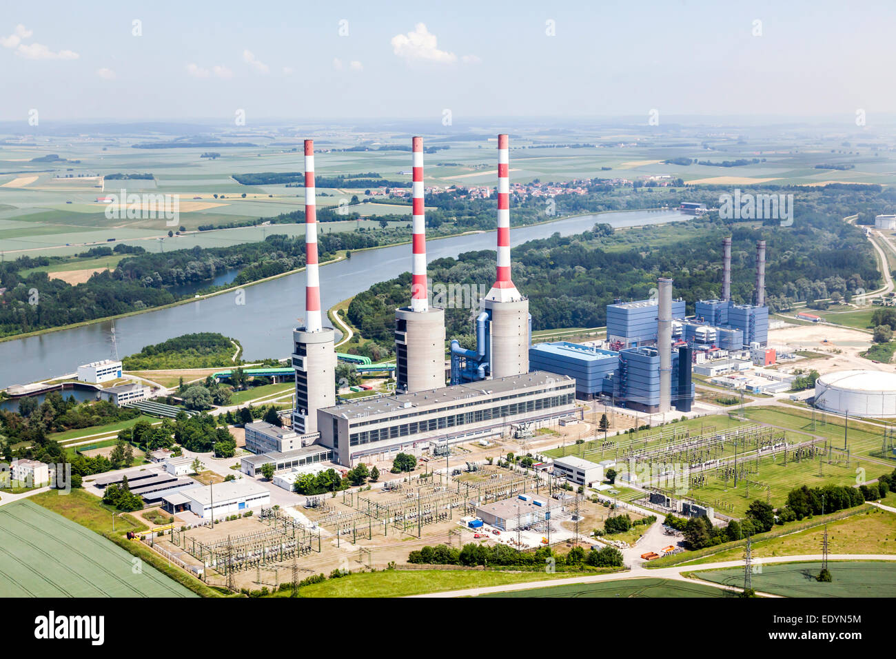 Aerial view, EON power plant Irsching on the Danube, Vohburg, Bavaria ...