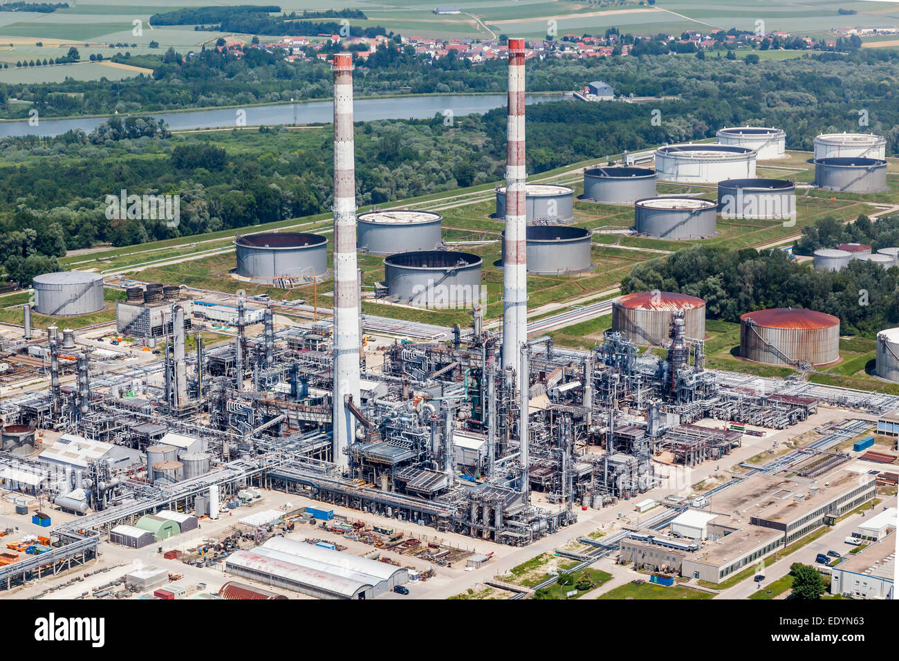 Aerial view, EON power plant Irsching on the Danube, Vohburg, Bavaria ...