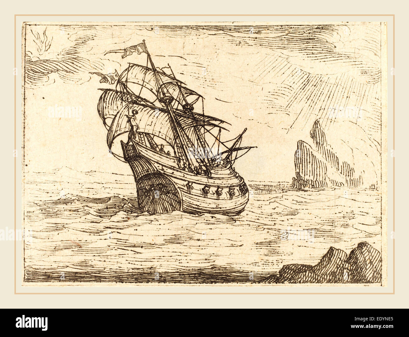 Jacques Callot, French (1592-1635), Ship Navigating Near Rocks, etching ...