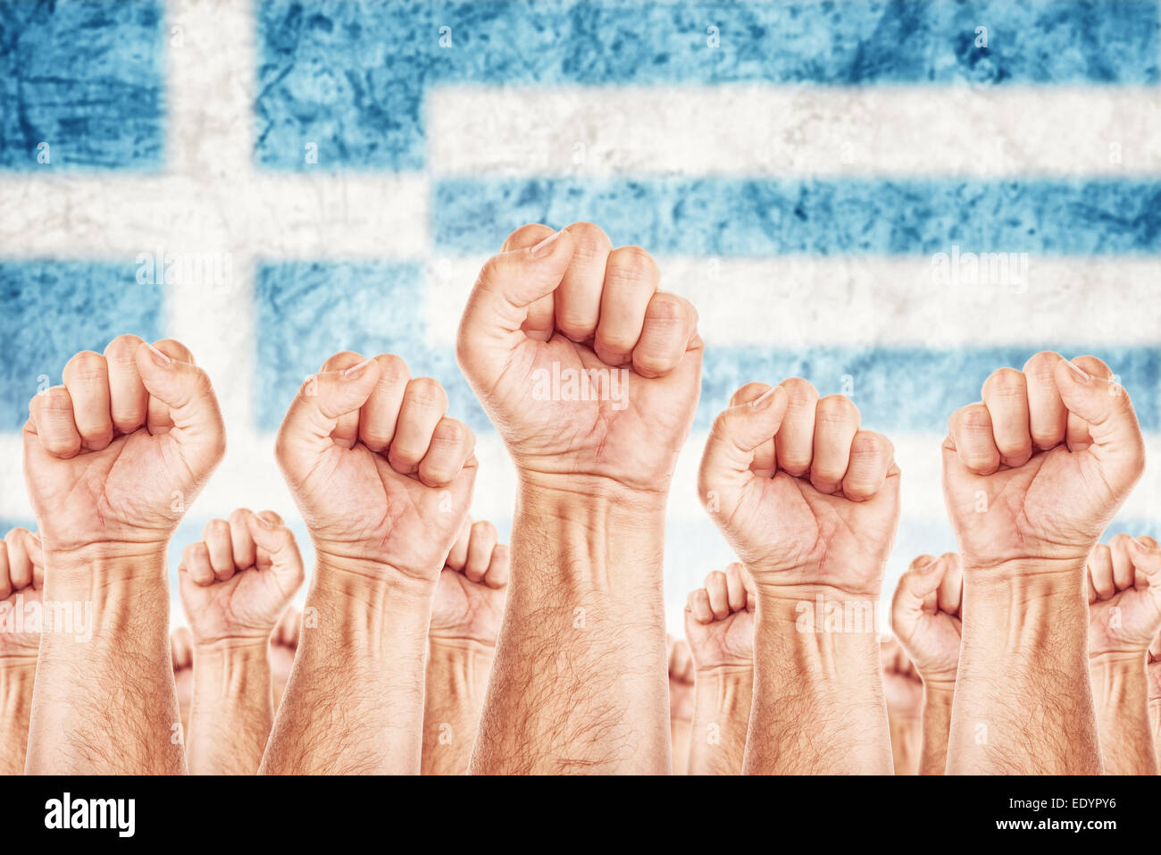 Greece Labor movement, workers union strike concept with male fists ...