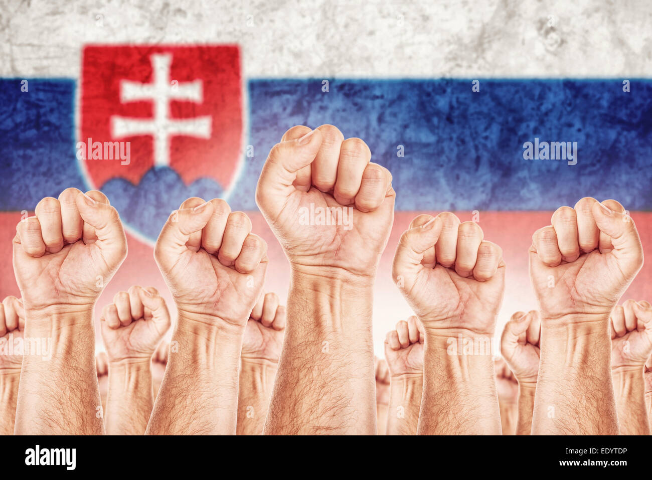 Slovakia Labor movement, workers union strike concept with male fists ...