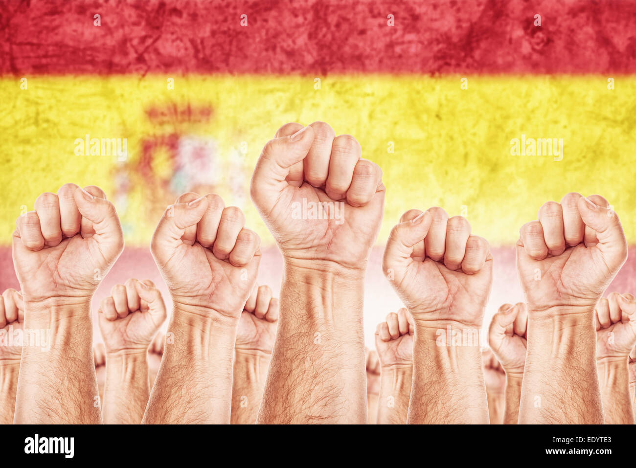 Spain Labor movement, workers union strike concept with male fists ...