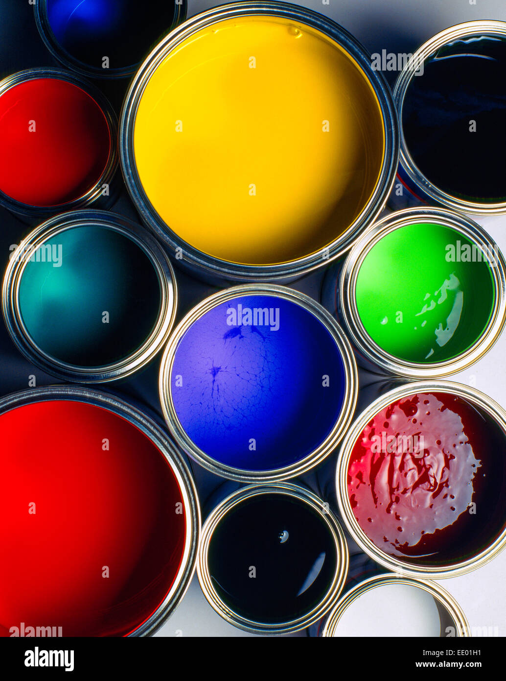 Opened pots of paint showing various colours. UK Stock Photo - Alamy