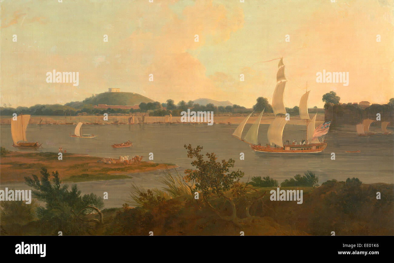 Pinnace sailing down the Ganges past Monghyr Fort Ganges Landscape ...